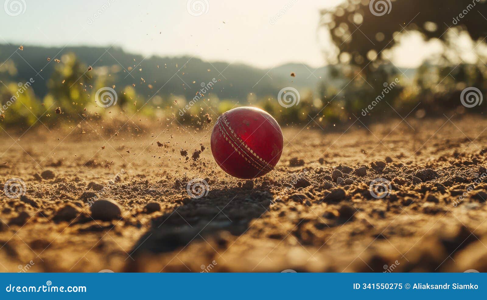 A Red Cricket Ball Bouncing on a Dirt Field Stock Illustration ...
