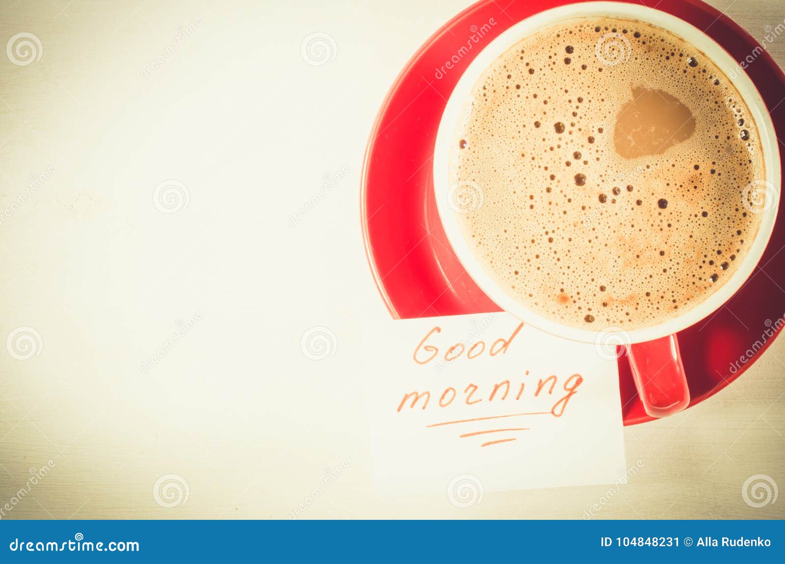 A Red Cup of Cappuccino and Notes Good Morning on Light Rustic Table ...