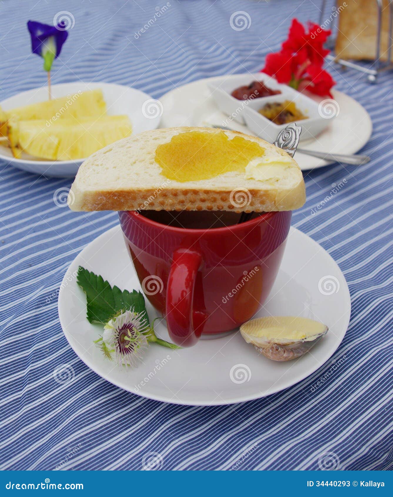 Red cup of cocoa and bread stock image. Image of butter - 34440293