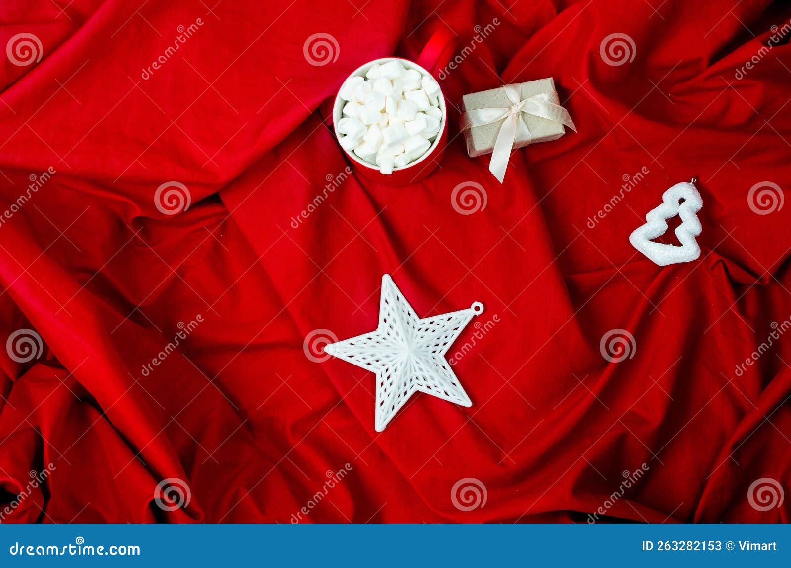 Red Cup With Cocoa And Marshmallows On A Red Bed Stock Image Image Of Text Holiday 263282153