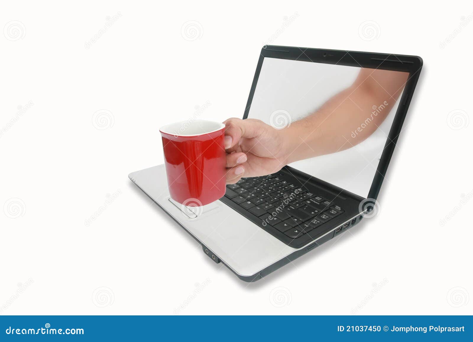 A Red Cup of Coffee through the Computer Stock Photo - Image of hand ...
