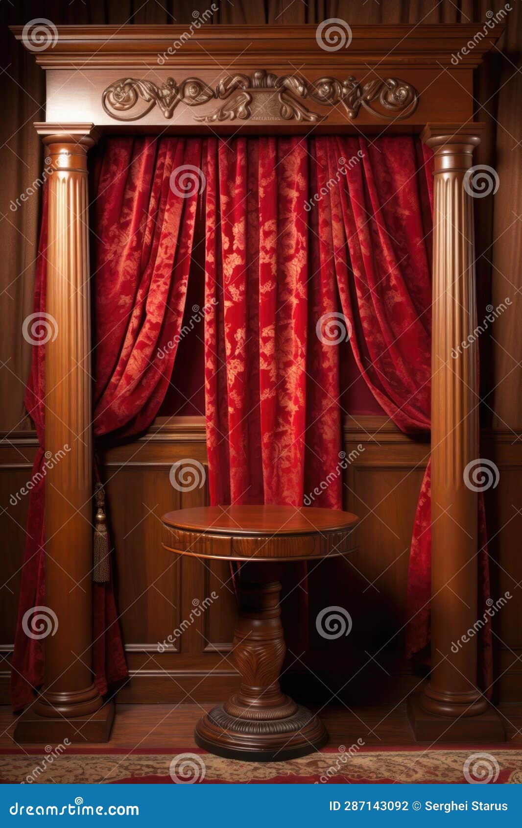 A Red Curtain is Draped Over a Wooden Table. Generative AI Image. Stock ...