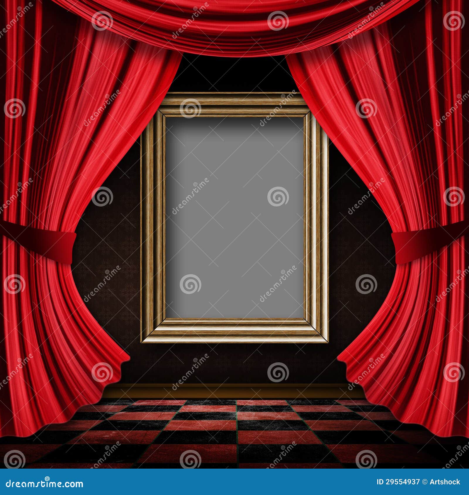 Red Curtain Room with Wooden Frame Stock Illustration - Illustration of ...