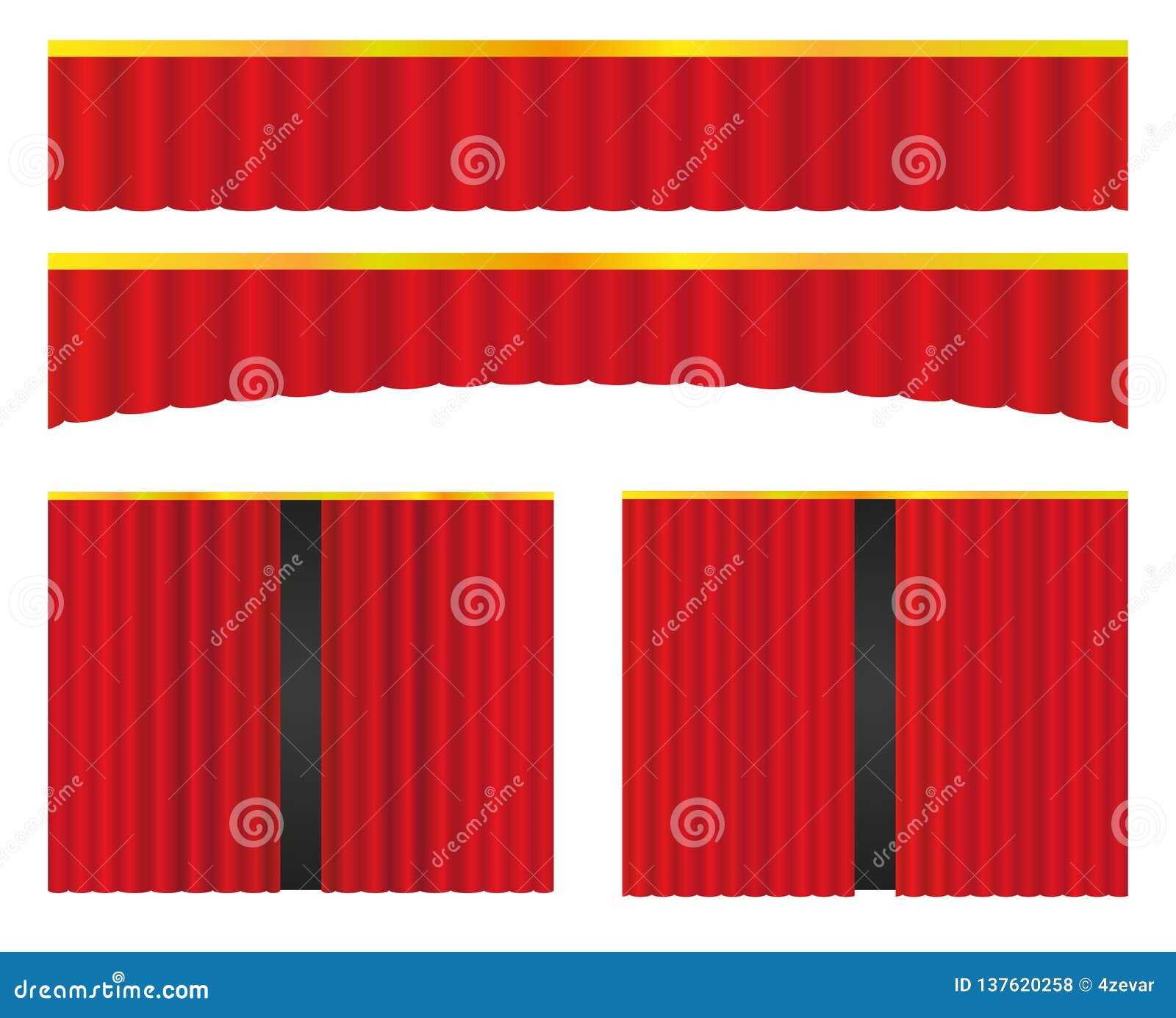 Red Curtains. Set Realistic Luxury Curtain Cornice Decor Domestic ...