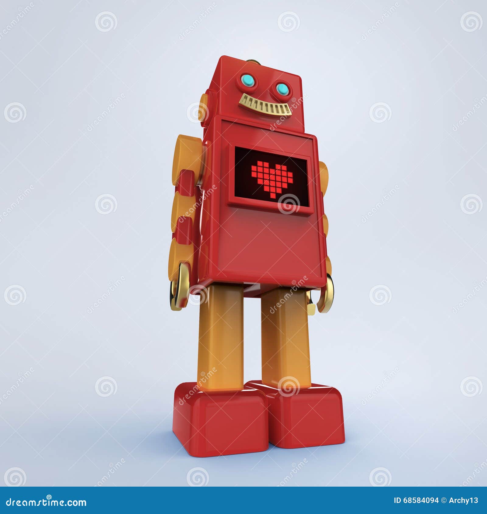 Red Cute Vintage Robot with Shiny Light Bub and Screen Pixel Heart Icon ...