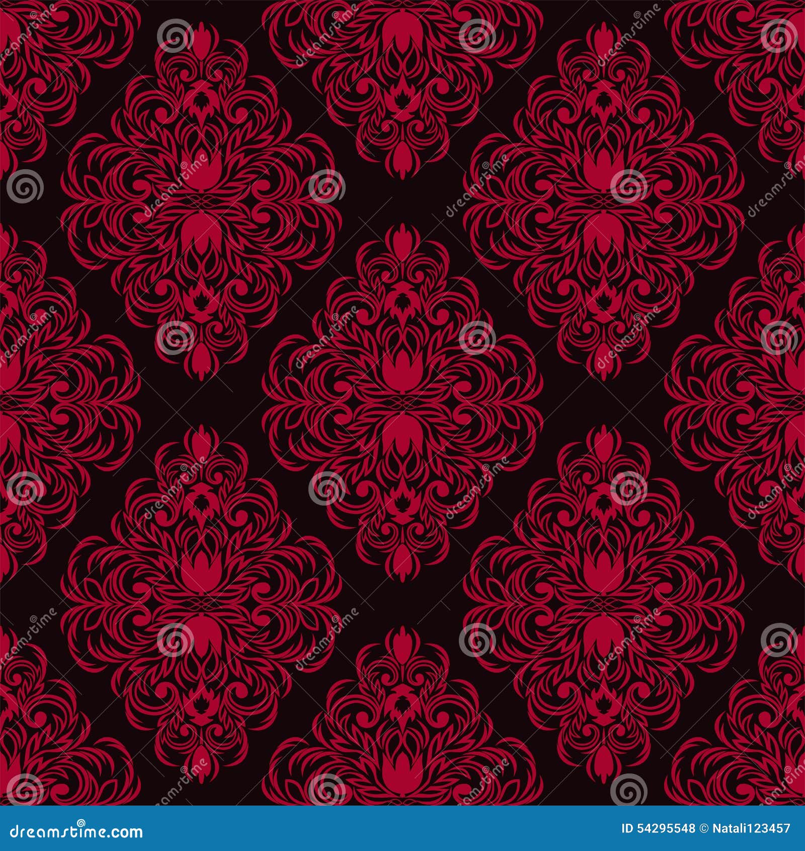 Red Damask Seamless Pattern on Dark Background. Stock Vector ...