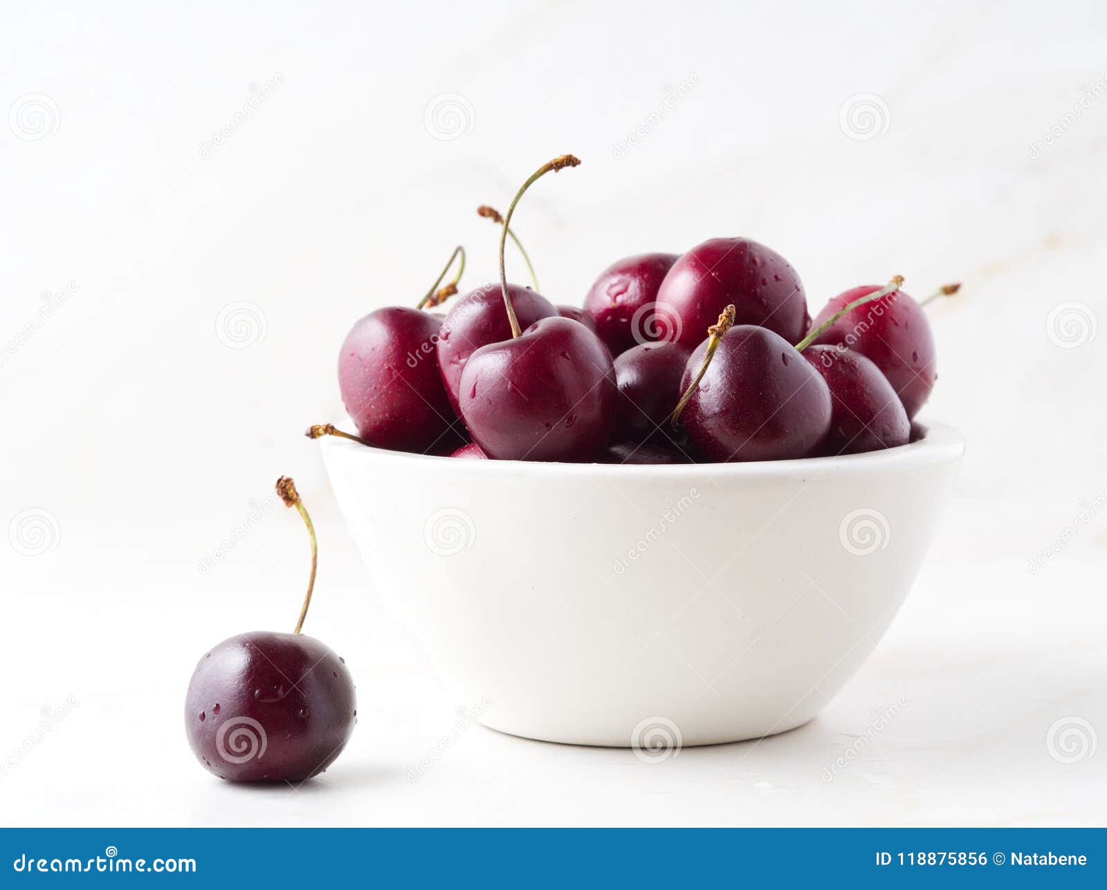 Red Dark Sweet Cherries in White Bowl on Stone White Table, Side View ...