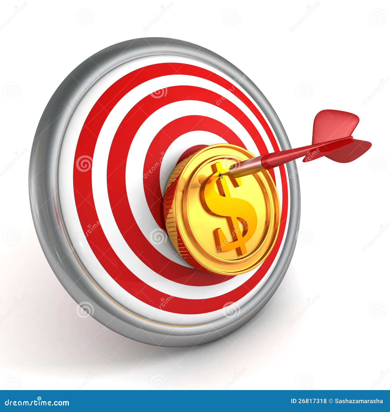 Red Dart Hit Center Of Dartboard With Golden Coin Stock Illustration