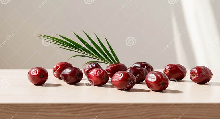 Red Dates on Wooden Surface with Palm Leaf. Stock Illustration ...