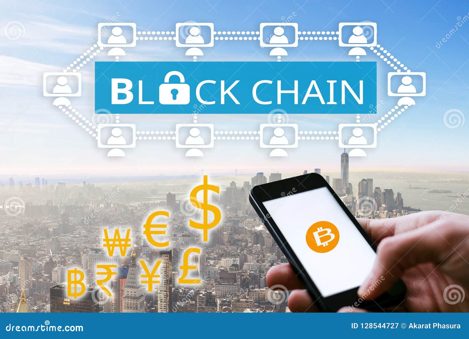 Red De La Cadena De Bloque, Bitcoin, Dinero De Digitaces Imagen de ...