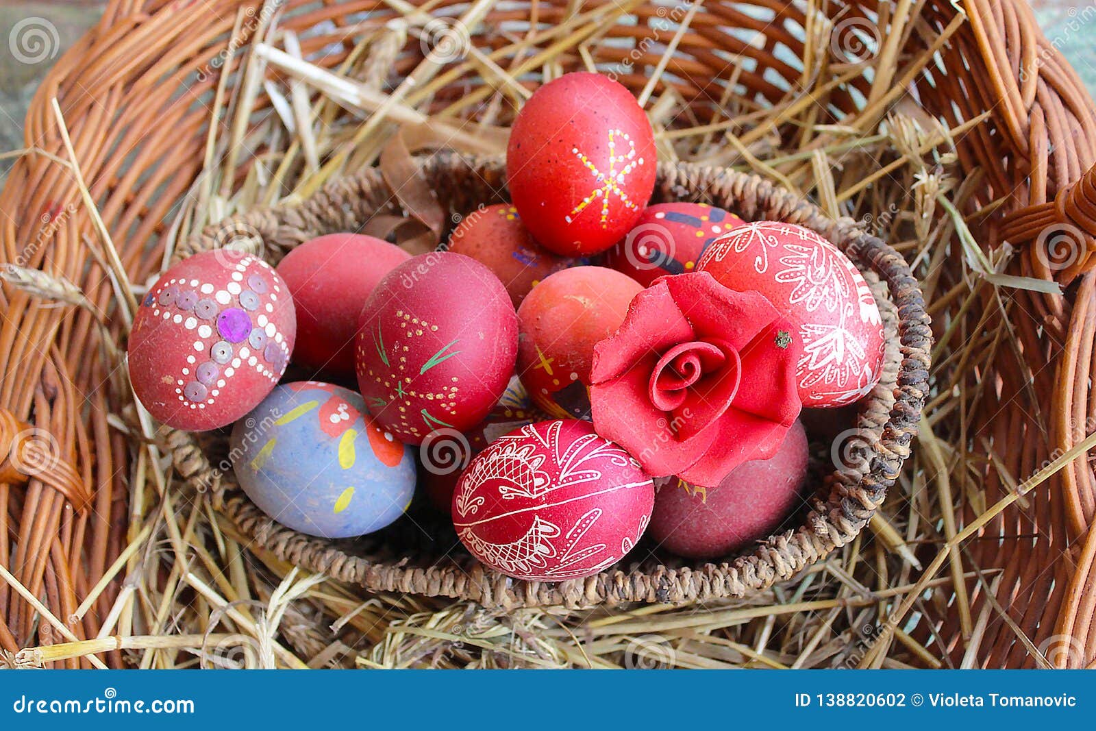 Red Decorated Easter Eggs with Rose Stock Photo - Image of nest ...