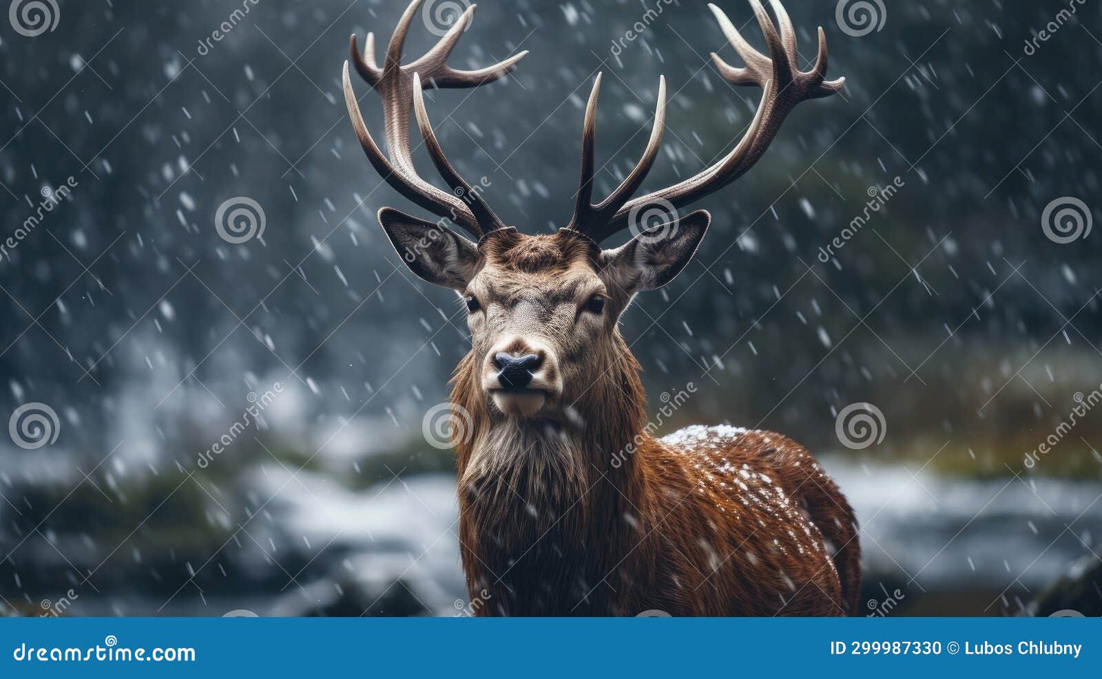 Red Deer in Falling Snow in Winter Forest Stock Illustration ...