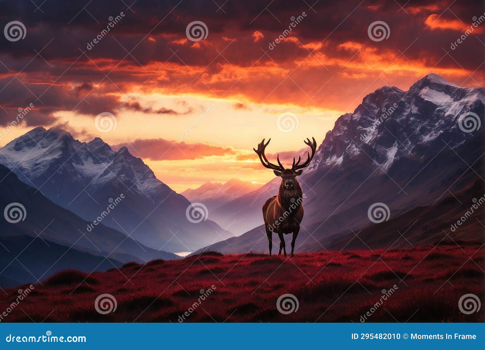 Red Deer Stag in Dramatic Mountain Landscape and Red Sky Stock ...