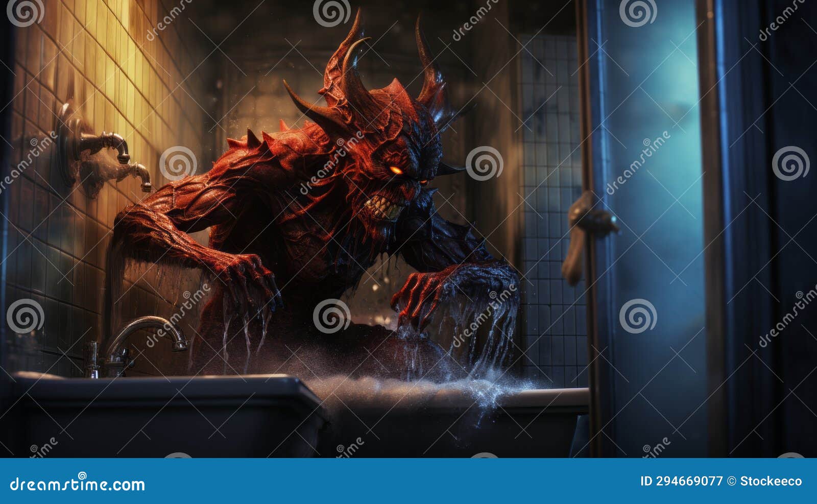 Demon in Bathroom: Unreal Engine Rendered Caricature Illustration Stock ...