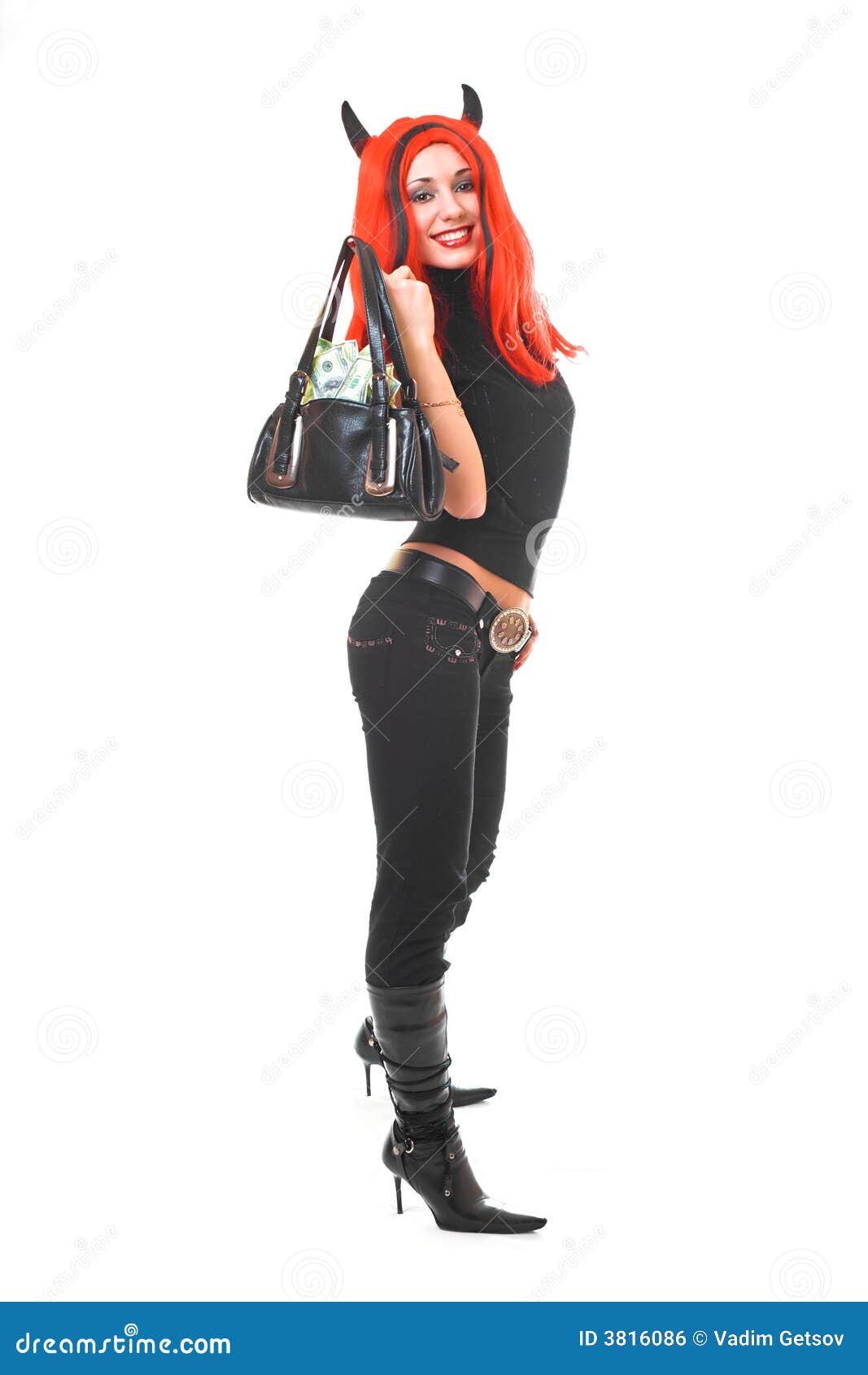 Red Devil Girl with Money Bag Stock Photo - Image of bright, devil: 3816086