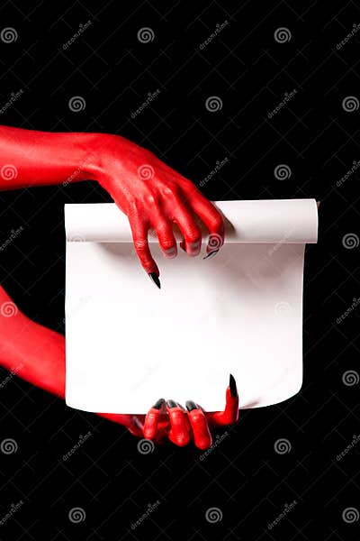 Red Devil Hands Holding Paper Scroll Stock Photo - Image of devil ...