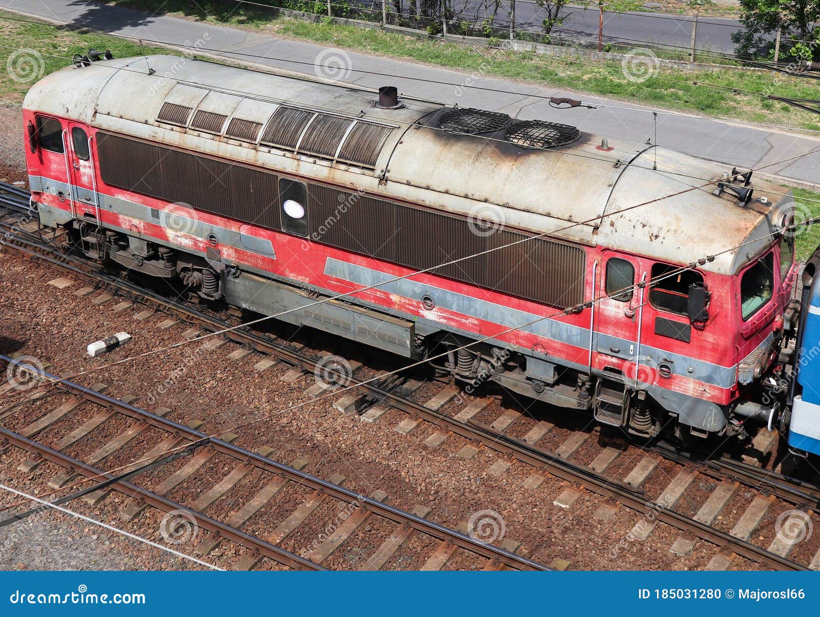 Red Diesel Engine from Above the Bridge Stock Photo - Image of siding ...