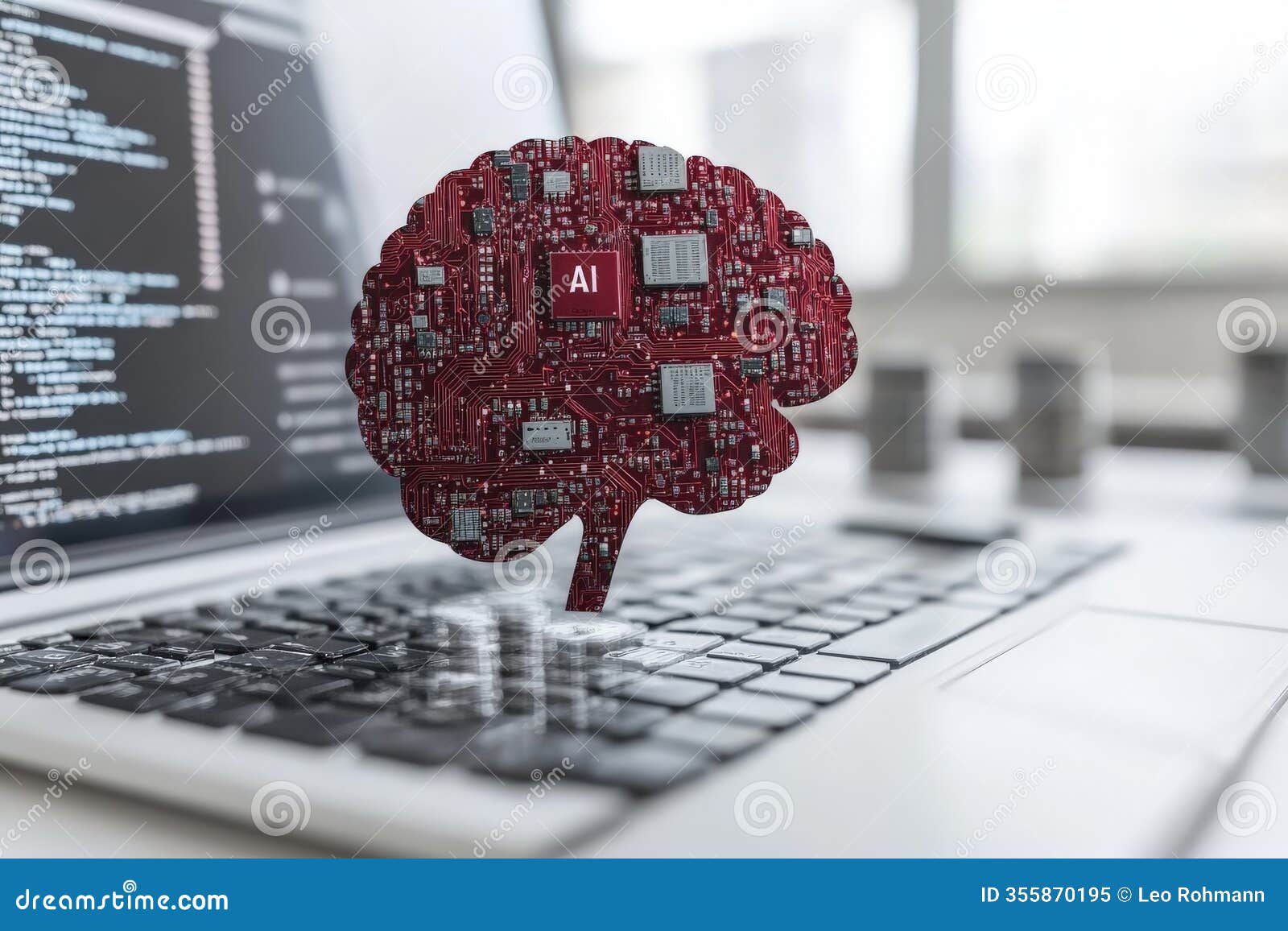 Red Digital Brain Embedded Circuits Hovering Over Laptop Keyboard ...