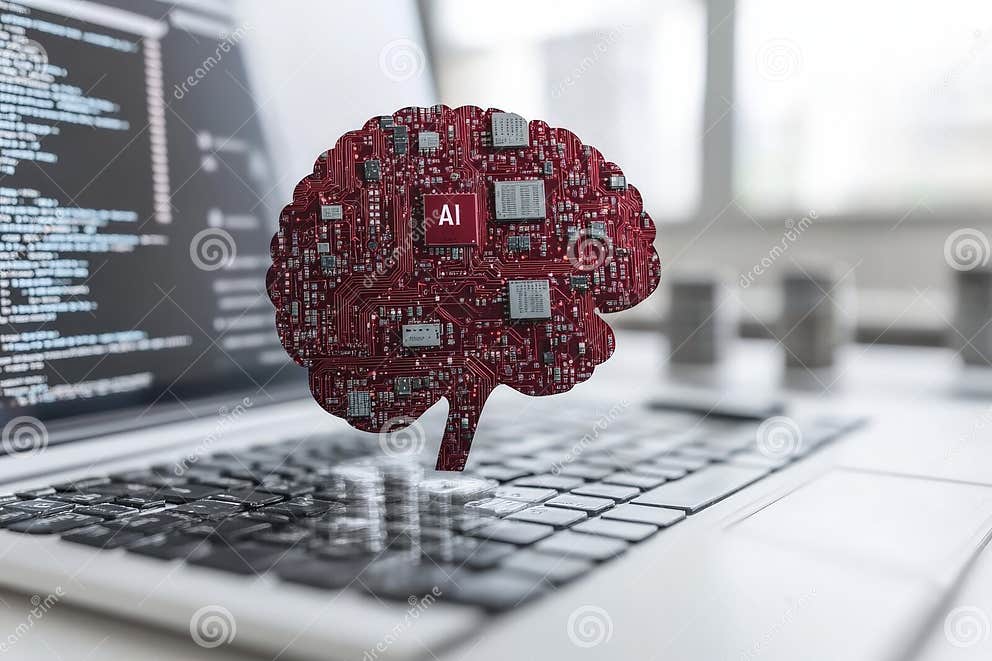 Red Digital Brain Embedded Circuits Hovering Over Laptop Keyboard ...