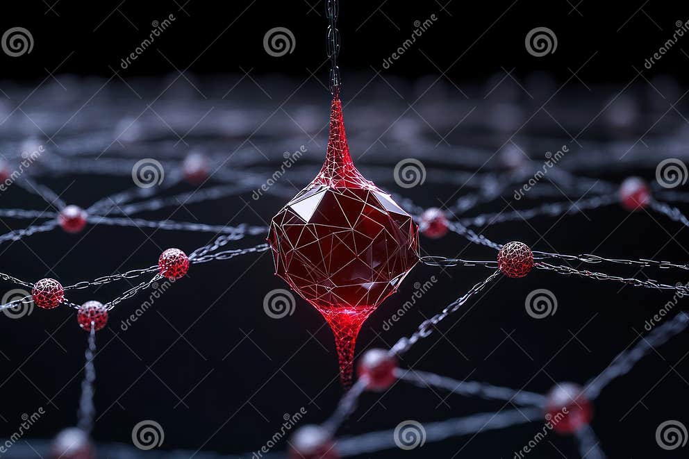 Red Digital Connection: Abstract Network Structure with Plexus Effect and Polygonal Dots and ...