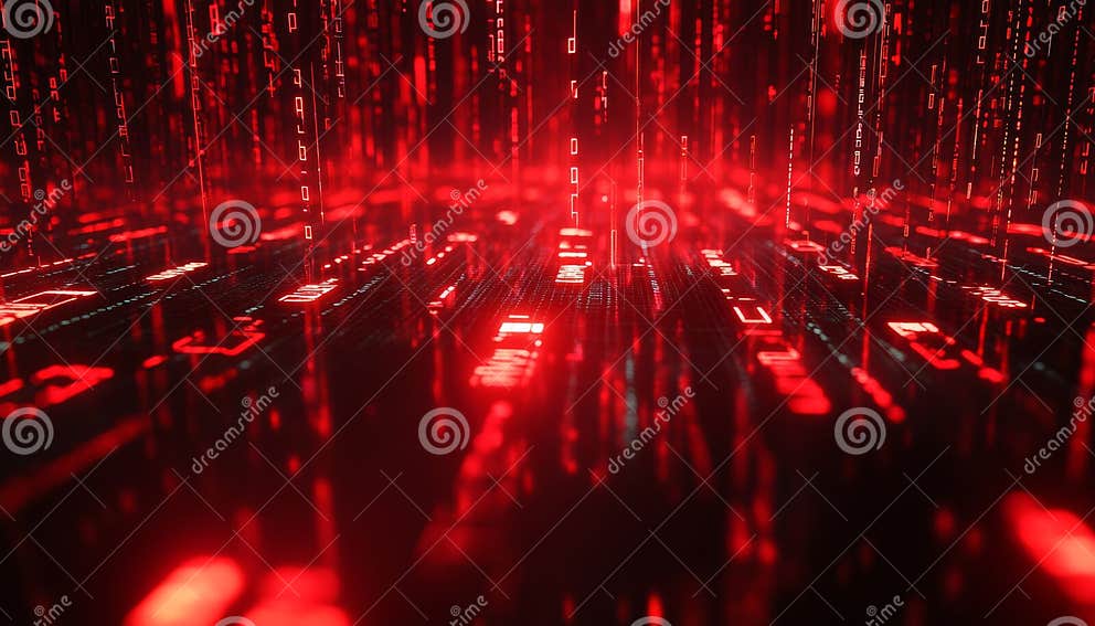 Red Digital Rain. Data Stream. Binary Code. Glowing Lines Falling Down. Abstract Digital ...