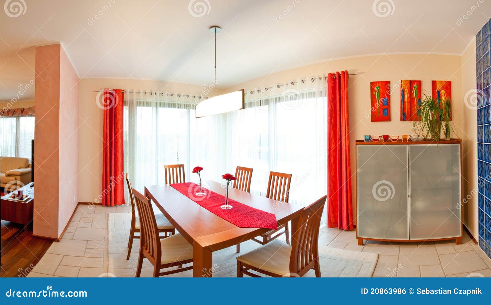 Red dining room stock photo. Image of windows, wide, cupboard - 20863986