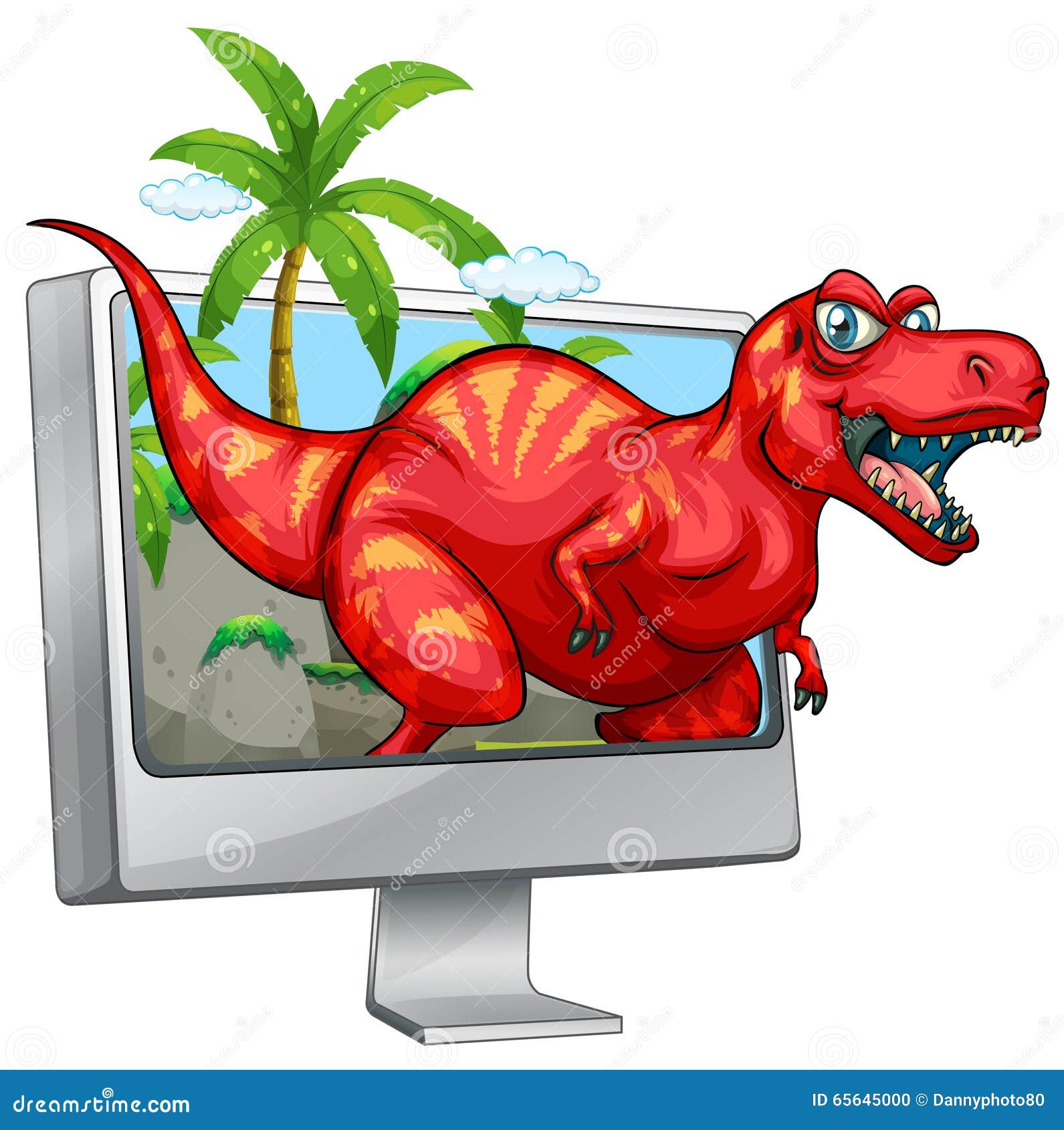 Red Dinosaur Coming Out of Computer Screen Stock Vector - Illustration ...