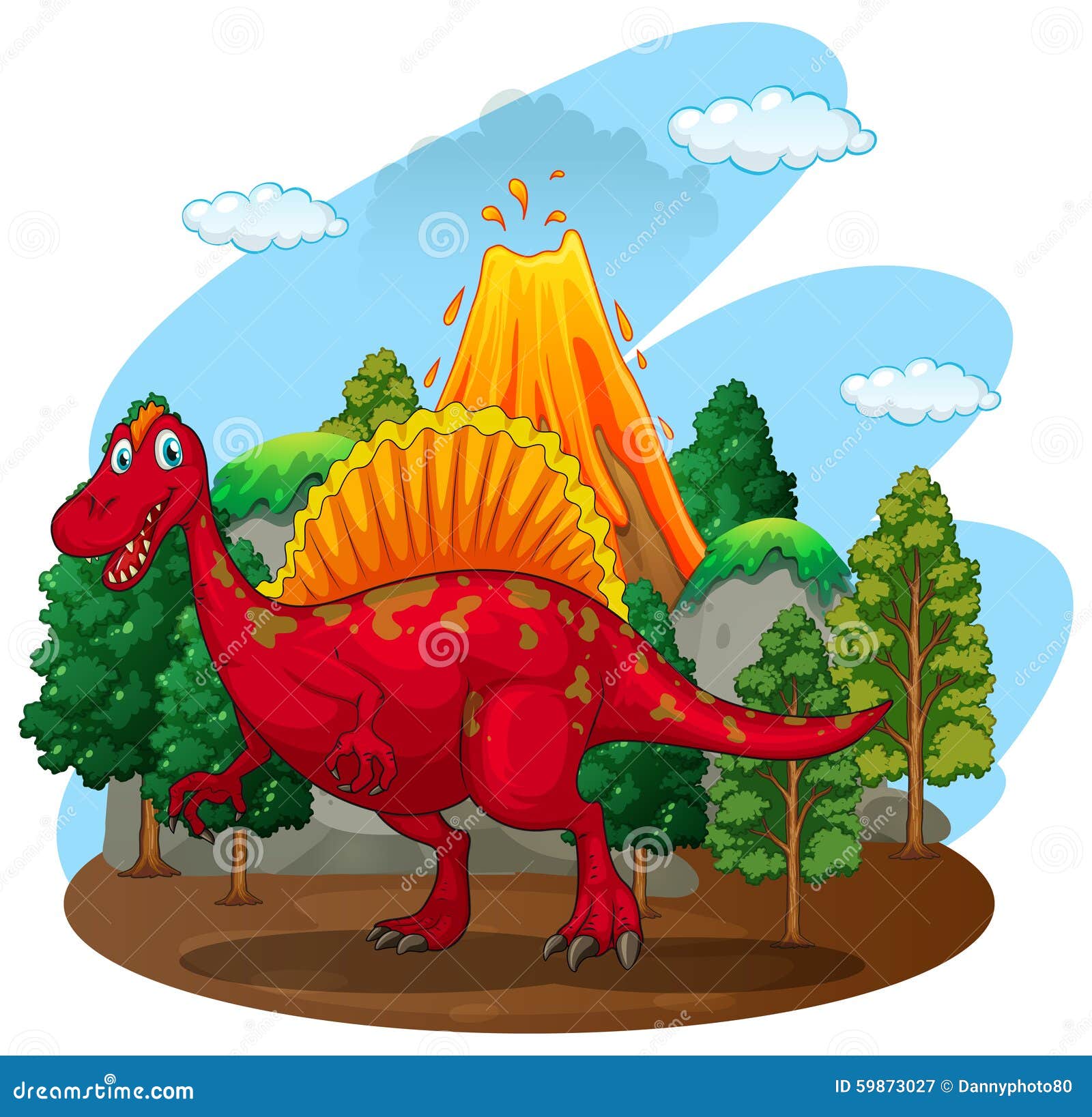 Dinosaur And Volcano Eruption Illustration Cartoon Vector ...