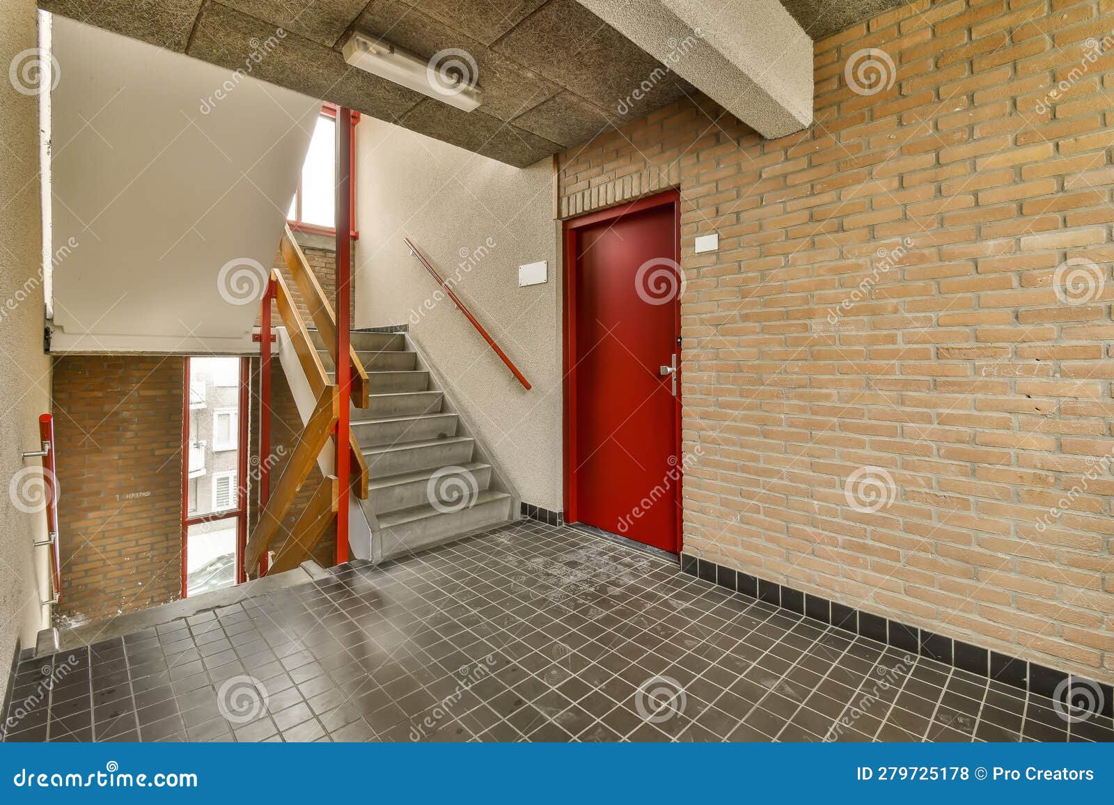 A Red Door on a Brick Wall in a Lobby Stock Photo - Image of floor ...