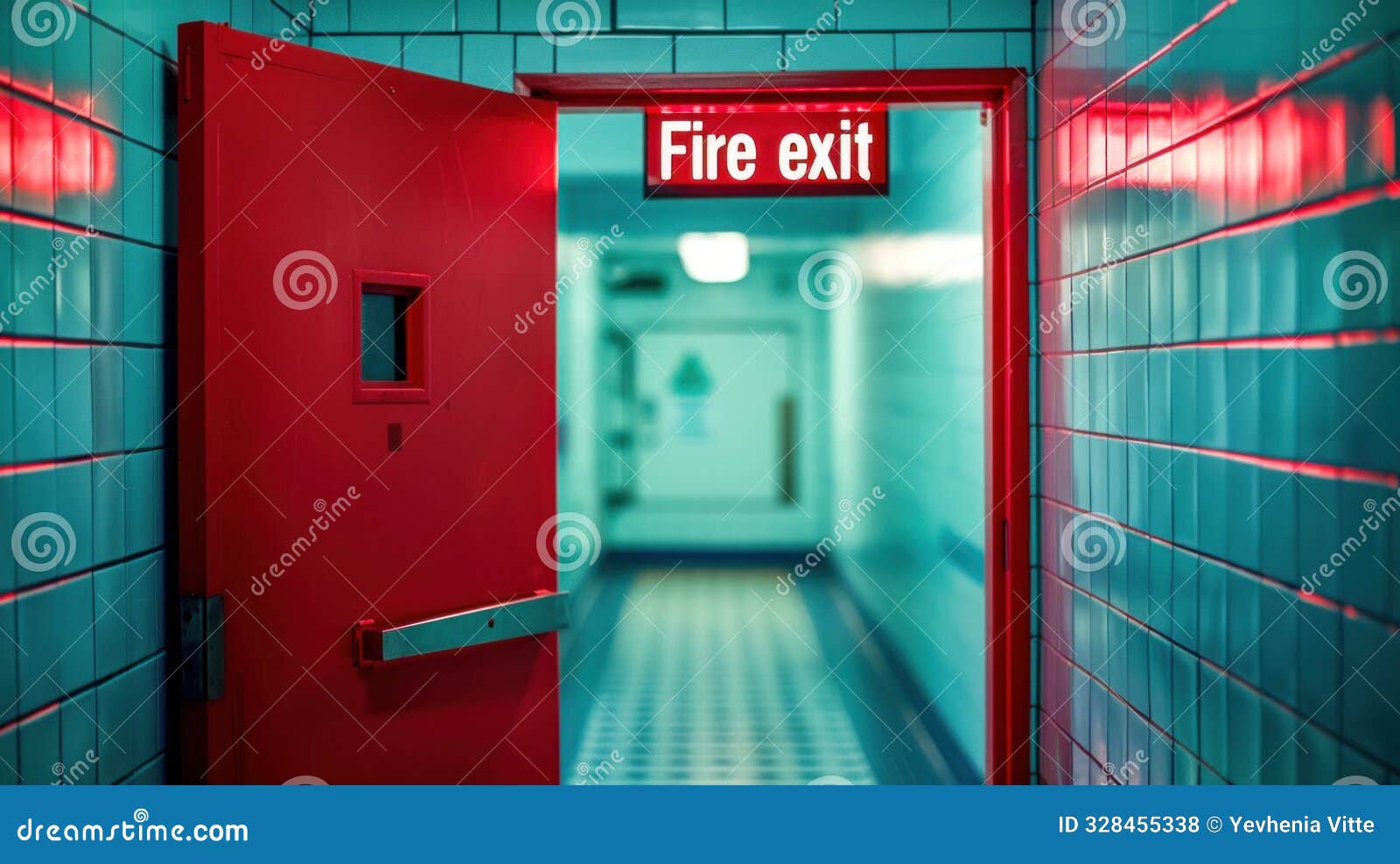 A Red Door with the Words Fire Exit Written on it in a Tiled Hallway ...