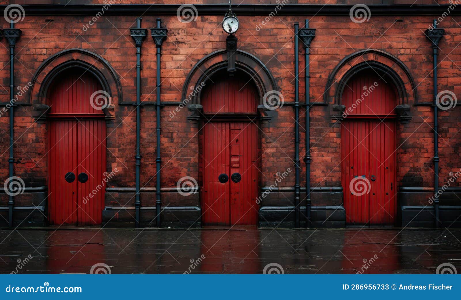 Red Doors in a Red Brick Wall. Stock Image - Image of facade, closeup ...