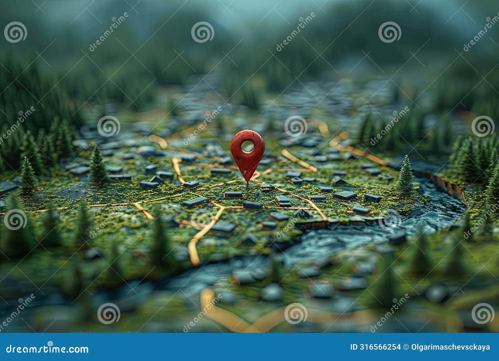 Red Dot on a Map of a Forest with Houses and a River Stock Illustration ...