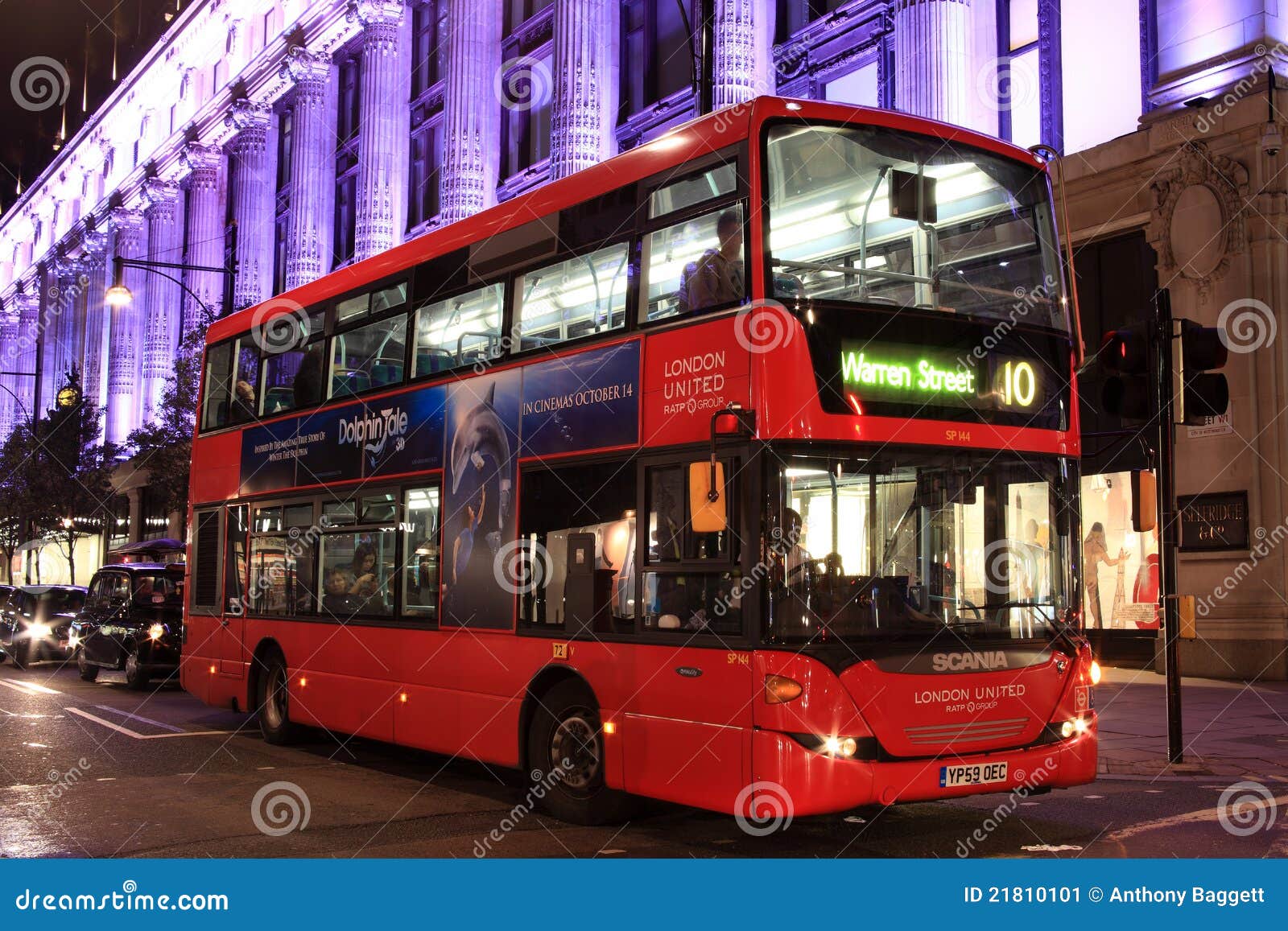 Red Double Decker Bus at Night Editorial Photo - Image of public ...