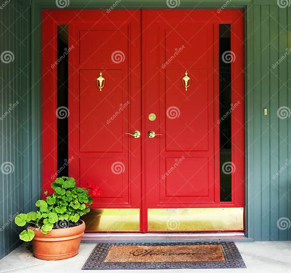 Red Double Door Entry stock image. Image of wood, entry - 21407579