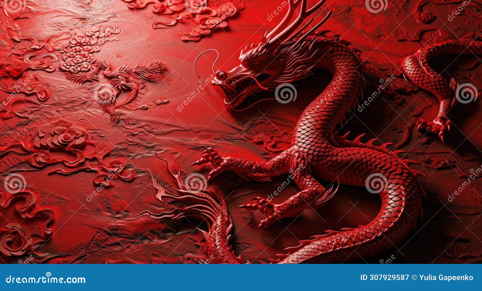 A Red Dragon Art Print is on the Background of a Red Patterned Red ...