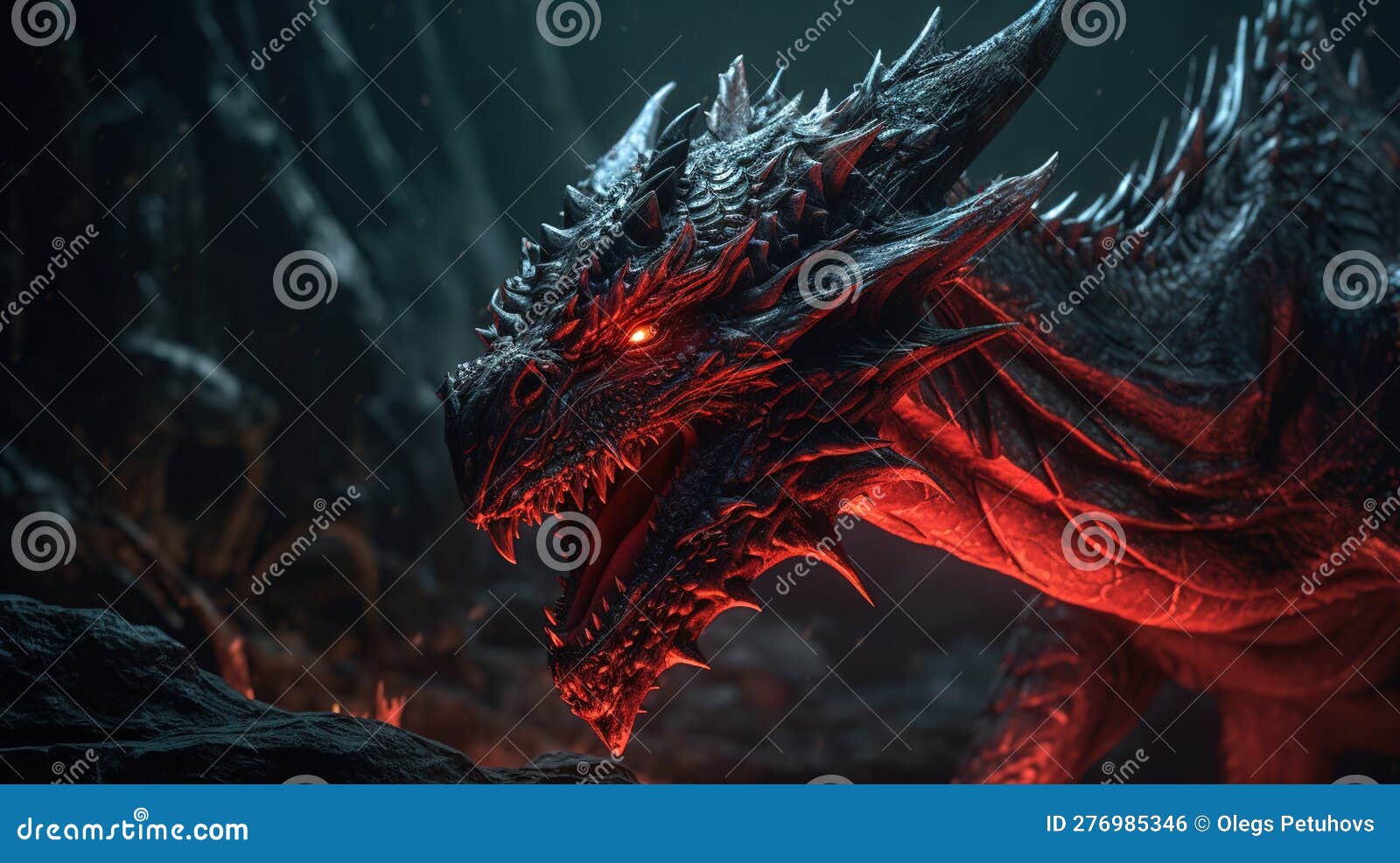 A Red Dragon with Glowing Eyes in a Dark Cave with Rocks Stock ...