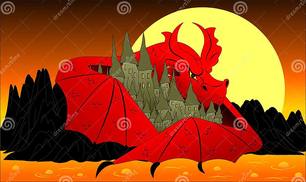 Red Dragon Guarding the Castle Stock Vector - Illustration of medieval ...