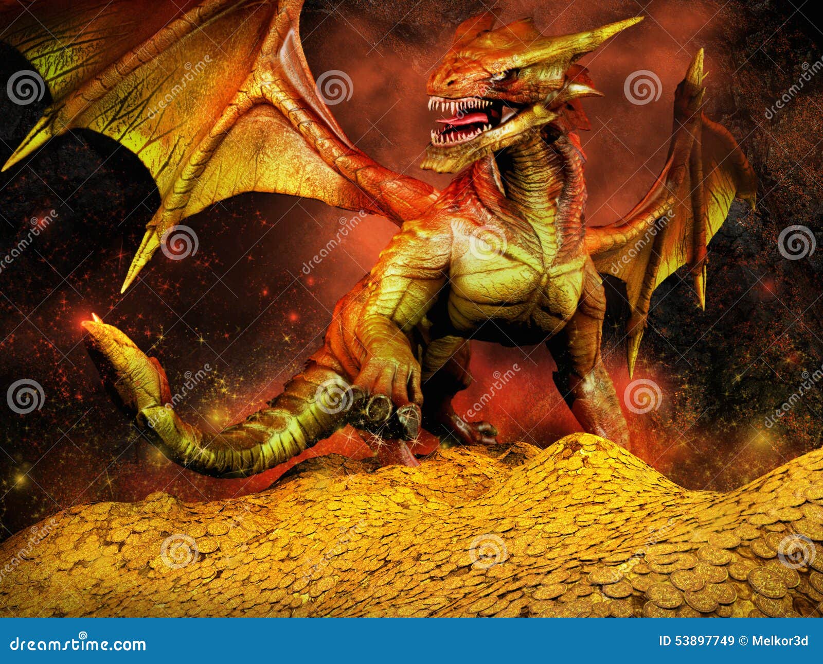 Red Dragon on a Pile of Gold Stock Illustration - Illustration of ...