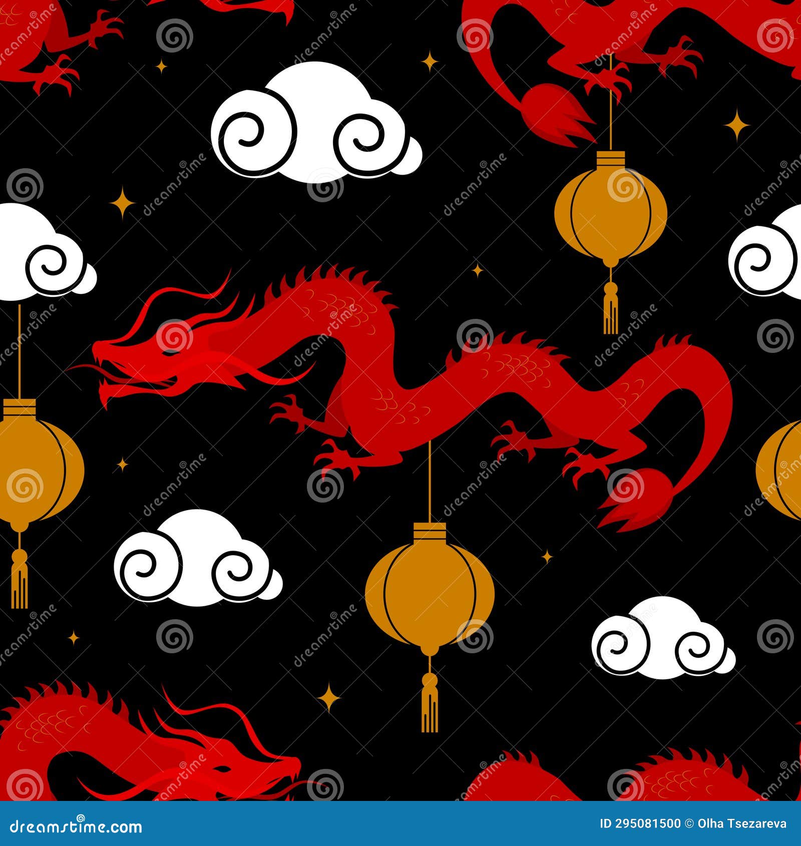 Red Dragons with Clouds and Lantern in the Starry Sky. Seamless Vector ...