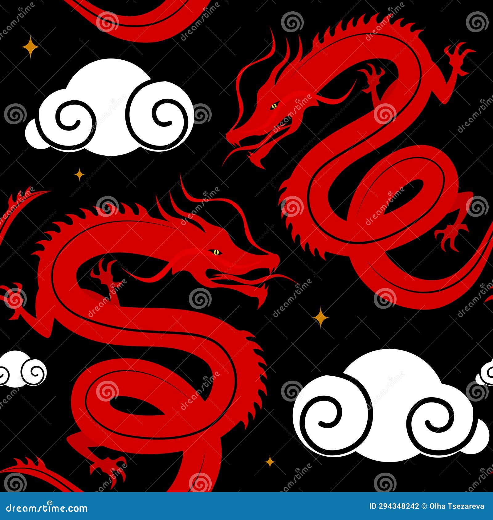 Red Dragons with Clouds in the Starry Sky. Seamless Vector Pattern ...