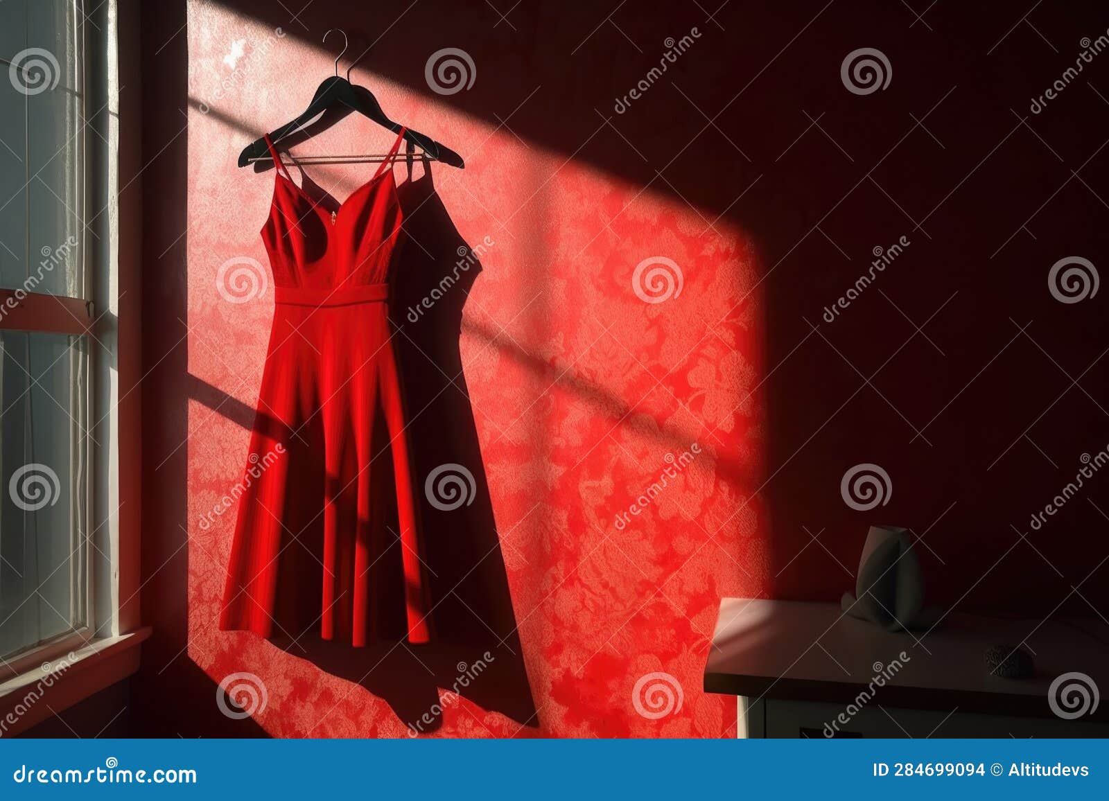 Red Dress on Hanger Casting Dramatic Shadow on the Wall Stock Photo ...