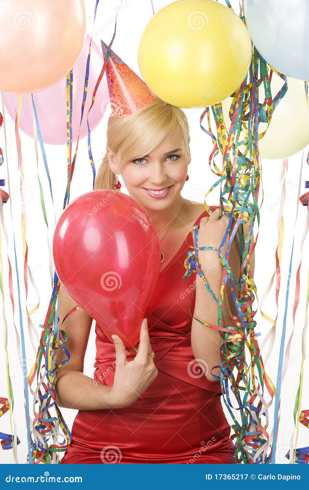 Red Dressed Girl in Party with Balloons Stock Image - Image of carnival ...