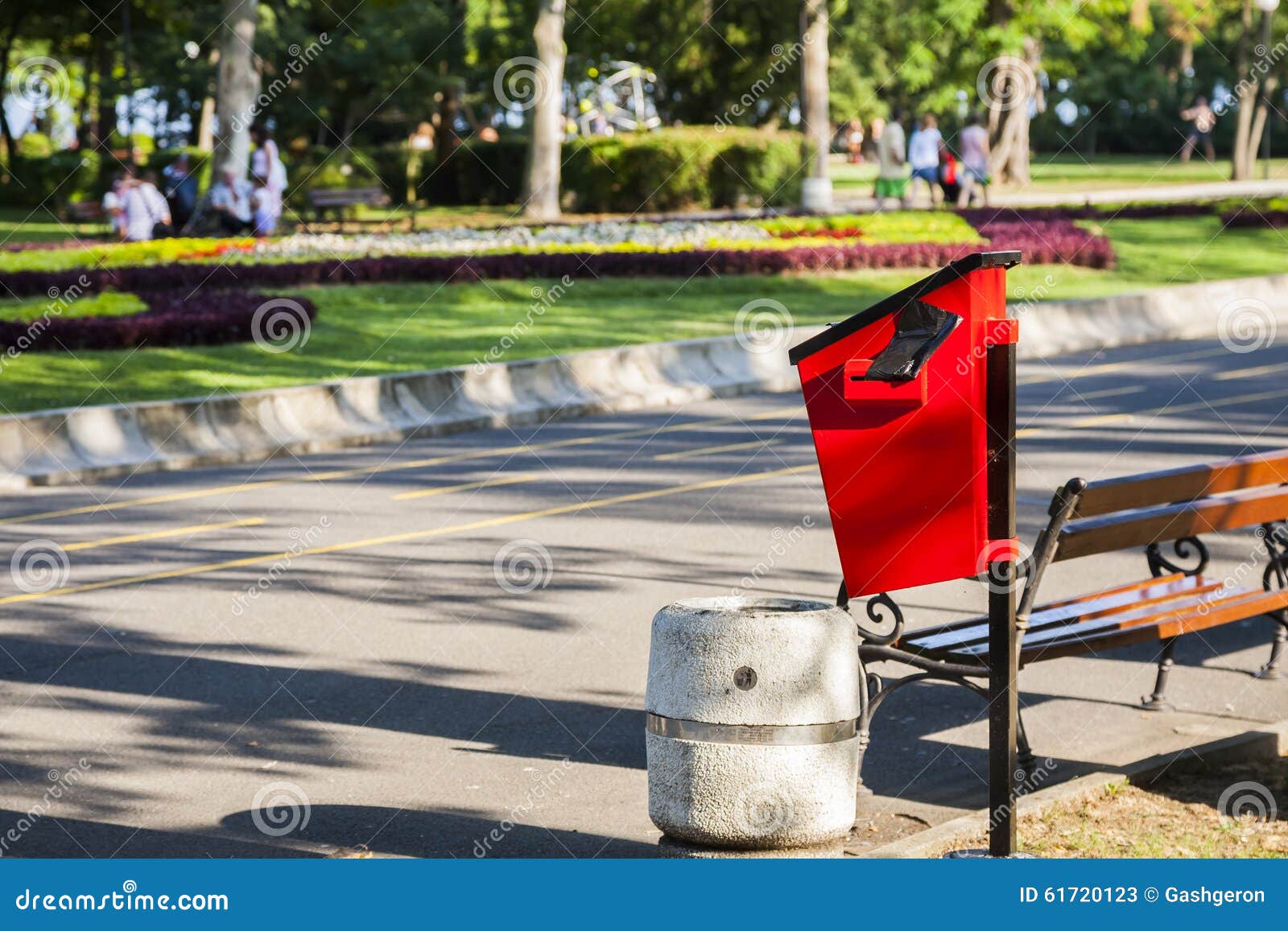 Red dustbin in the park. stock image. Image of pollution - 61720123