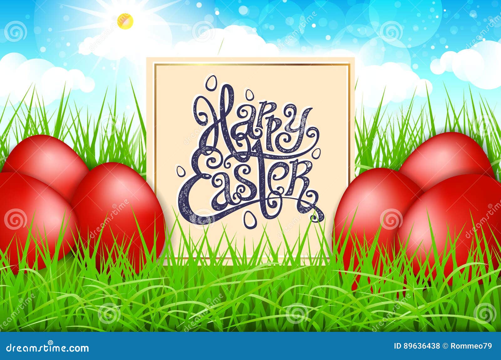 Red Eggs in a Field of Grass with Blue Sky. Happy Easter Lettering ...