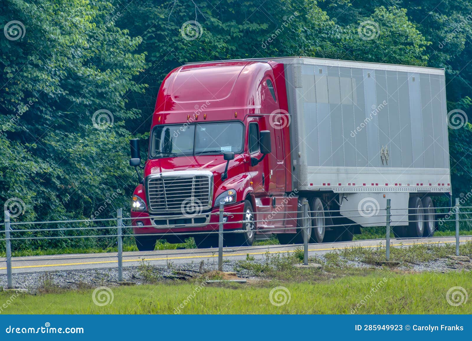 Red Eighteen-Wheeler on Stretch of Rural Interstate Stock Image - Image ...