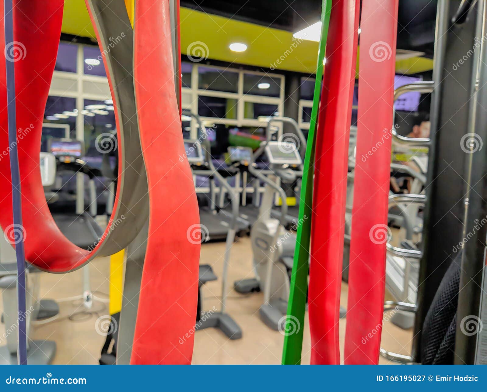 Red Elastic Bands in a Modern and Well Equipped Gym for Getting Fit and ...