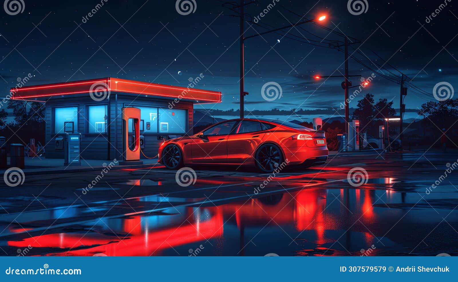 Red Electric Car at EV Station in the Night Illustration Stock ...