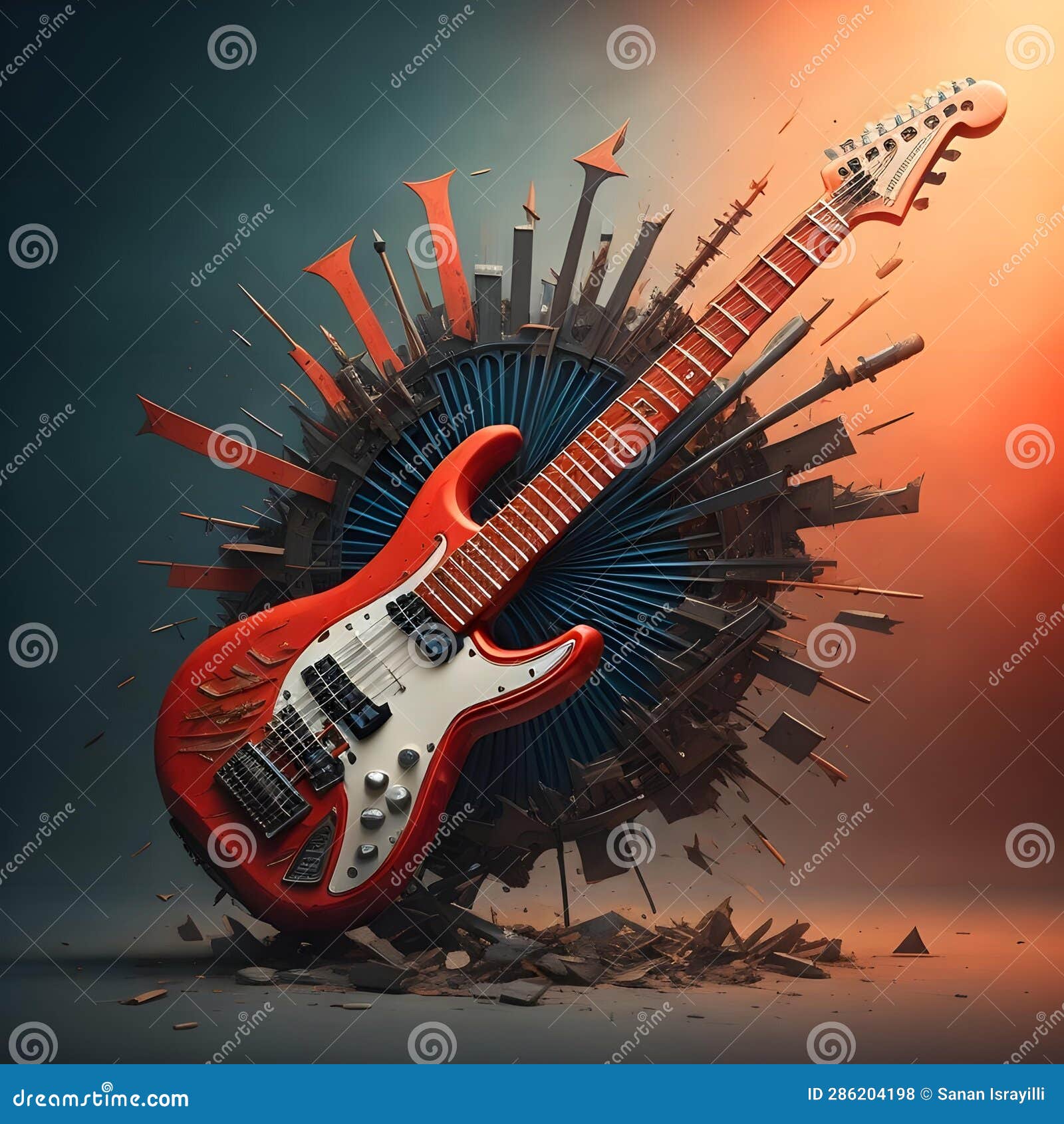 Red Electric Guitar Over Dark Background with Explosion Effect ...