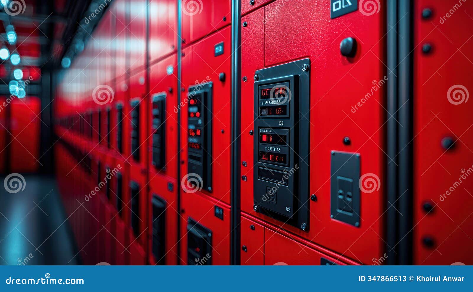 Red Electrical Control Panels in a Server Room Industrial Background ...