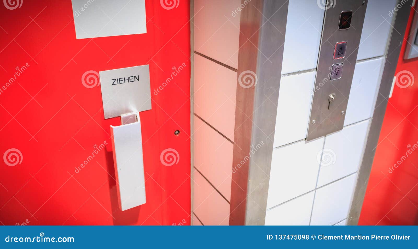 Red Elevator Door Where it is Written Pull Stock Photo - Image of ...